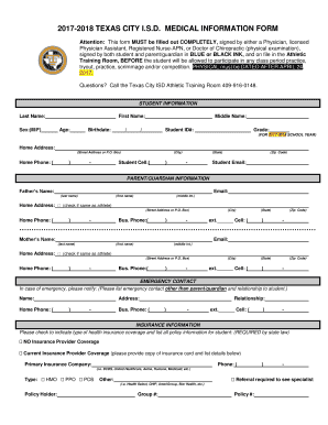 Fillable Online 2017-2018 TEXAS CITY I.S.D. MEDICAL INFORMATION FORM ...