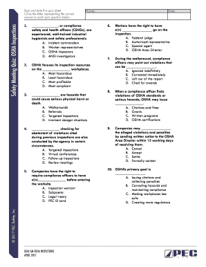 Fillable Online Safety Meeting Quiz: OSHA Inspections OSHA ... - PEC ...