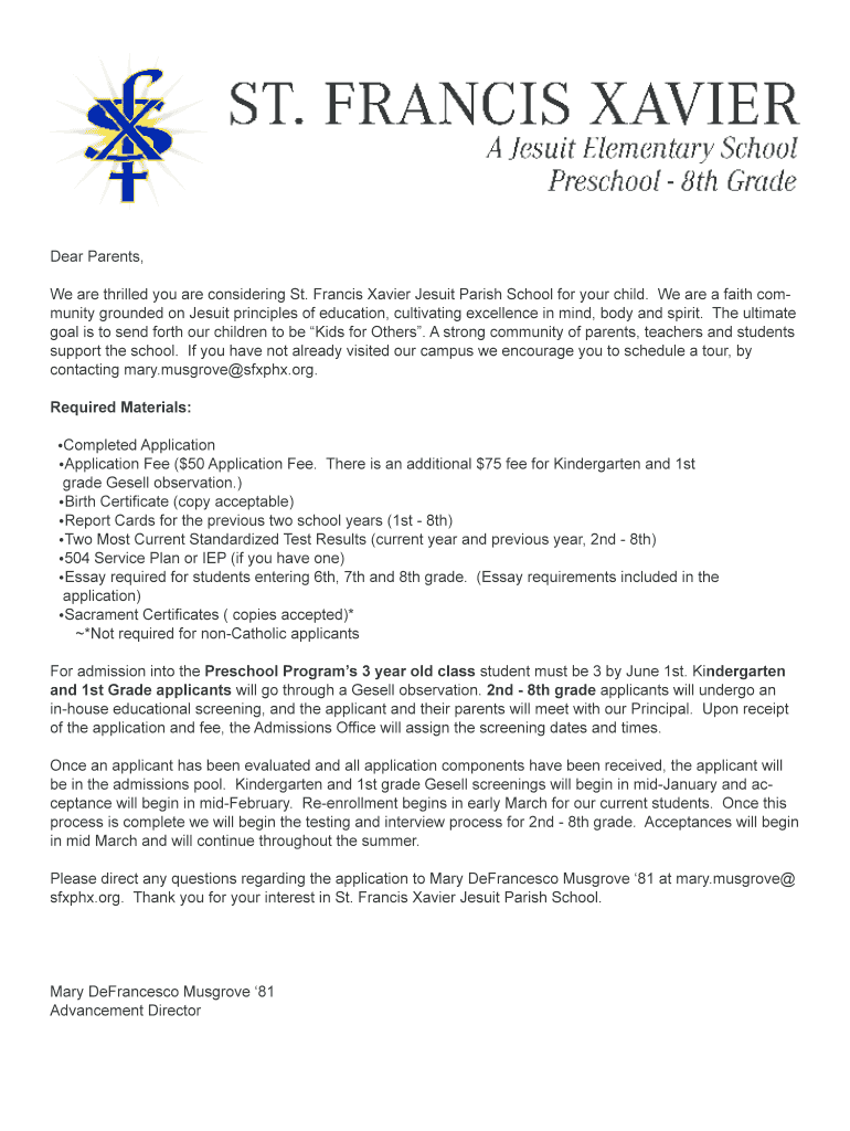 Fillable Online SFX Admissions Application 2017-2018 - St. Francis ...