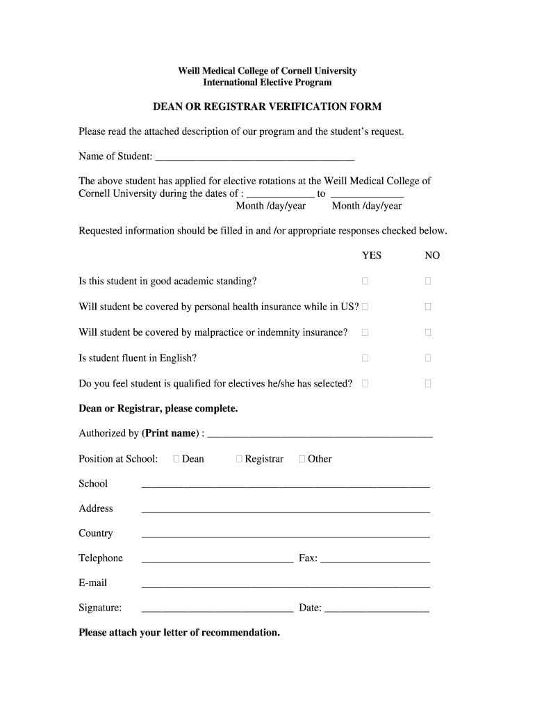 Fillable Online Dean or Registrar Verification Form - Weill Cornell Medicine Fax Email Print ...