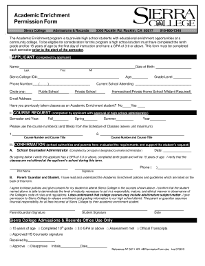 Fillable Online Academic Enrichment Permission Form - Sierra College Fax Email Print - pdfFiller
