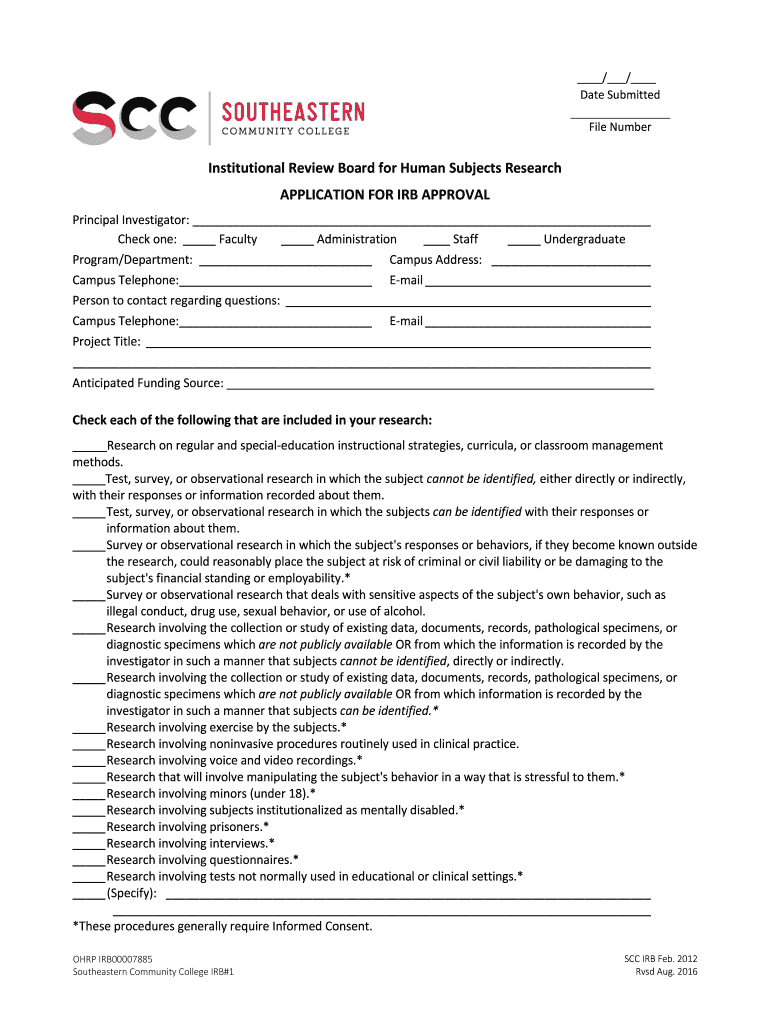 Fillable Online SCC Application for IRB Review - Southeastern Community ...