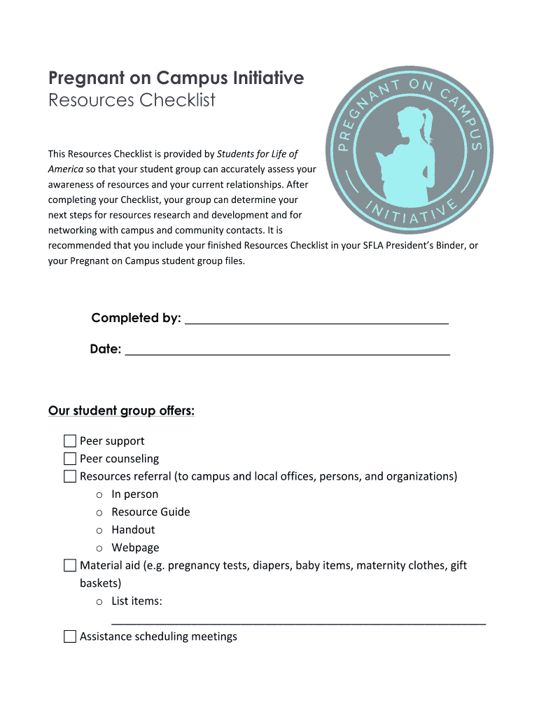 Fillable Online Pregnant on Campus Initiative Resources Checklist Fax ...