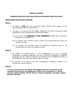 Fillable Online Procedure for Issue of Duplicate Share Certificate/s - Nirlon Ltd Fax Email ...