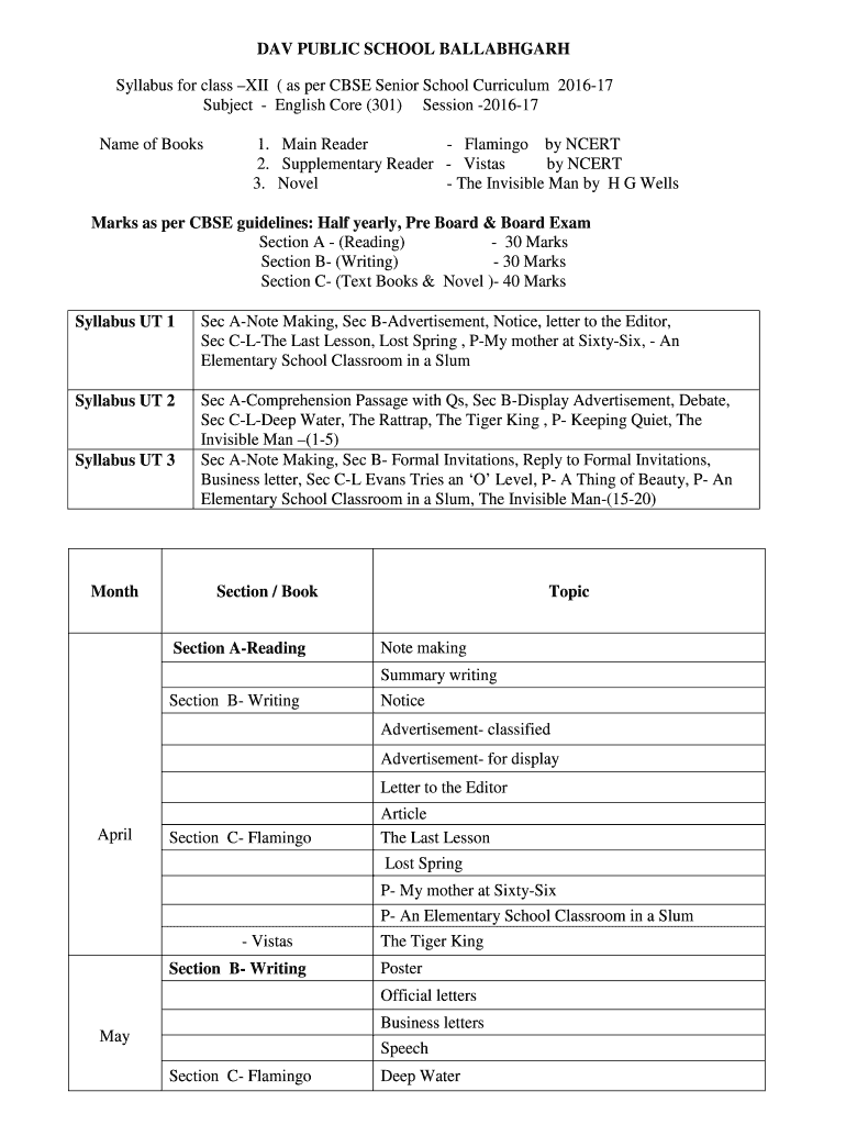 Fillable Online Syllabus for class XII ( as per CBSE Senior School ...