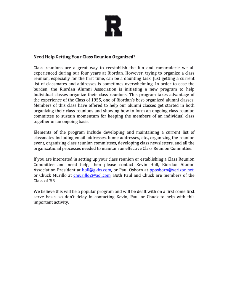 Fillable Online TIMELINE FOR PLANNING A REUNION Fax Email Print - pdfFiller