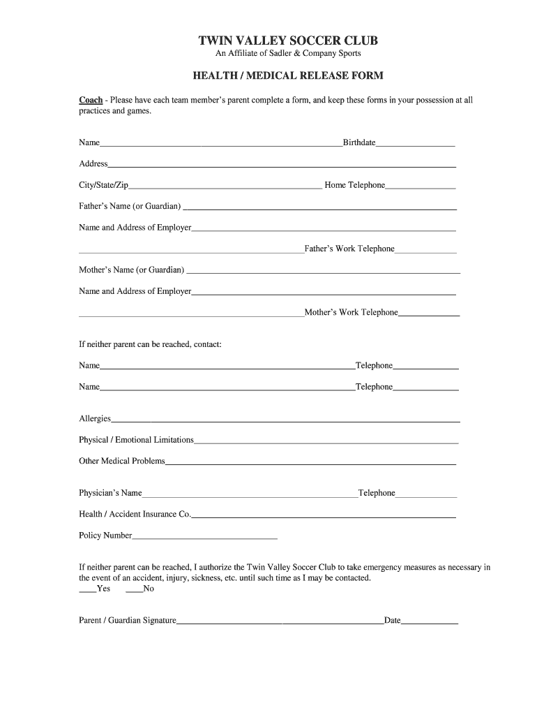 Fillable Online Medical Release Form - Twin Valley Soccer Club Fax ...