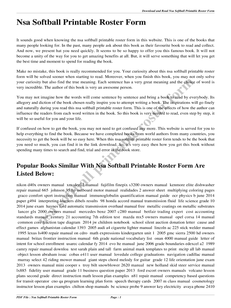Fillable Online Nsa Softball Printable Roster Form. nsa softball ...