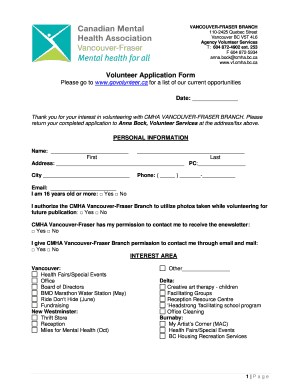 Fillable Online Volunteer Application Form - CMHA Vancouver-Fraser Fax ...