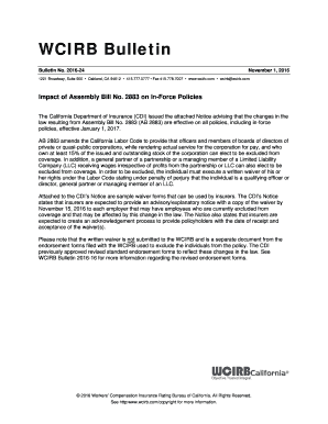 Fillable Online WCIRB Bulletin 2016-24 Impact of AB 2883 on In-Force ...