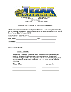 Fillable Online INDEPENDENT CONTRACTOR HAULER AGREEMENT This ... Fax ...