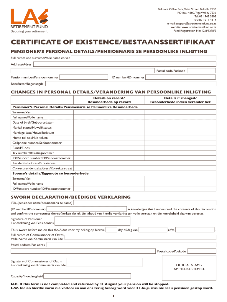 Fillable Online certificate of existence/bestaanssertifikaat - LA Retirement Fund Fax Email ...