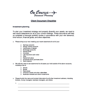 Fillable Online Client Document Checklist - On Course Financial ...