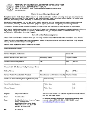 Fillable Online refusal of newborn blood spot screening test - ND ...