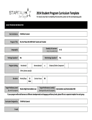 Fillable Online 2014 Student Program Curriculum Template - STARTALK Fax ...