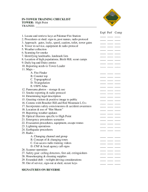 Fillable Online IN-TOWER TRAINING CHECKLIST TOWER: High ... - FFLA San ...