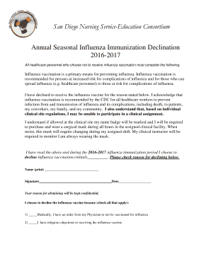 Fillable Online Influenza Immunization Declination Form 2016-2017 ...