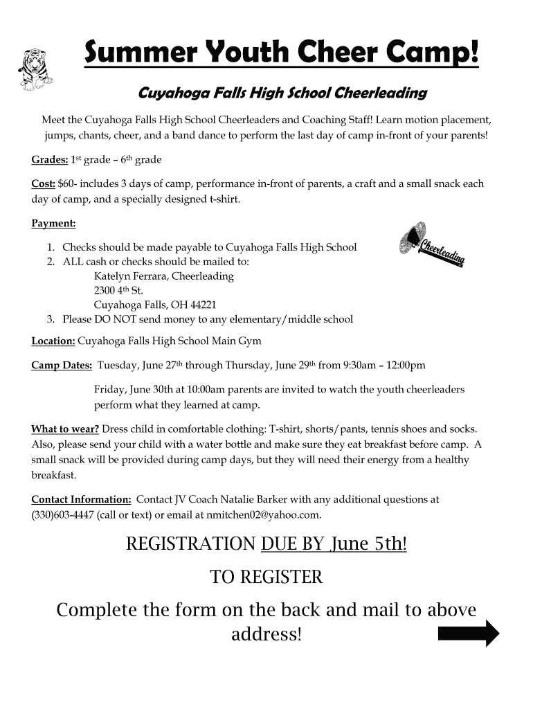 Fillable Online Summer Youth Cheer Camp! - Cuyahoga Falls City School ...