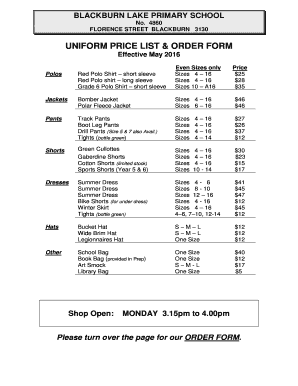 Fillable Online Uniform Price List Order Form - Blackburn Lake Primary School Fax Email Print ...