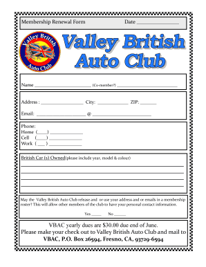 Fillable Online VBAC RENEWAL Member Membership Form - Valley British ...