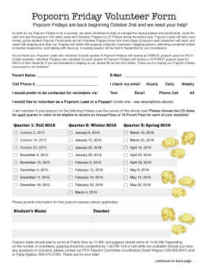 Fillable Online Popcorn Friday Volunteer Form Fax Email Print - pdfFiller