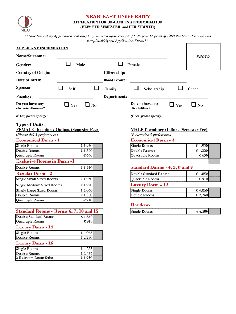 Fillable Online NEU Dormitory Application Forms 2016-2017.xlsx - Near ...