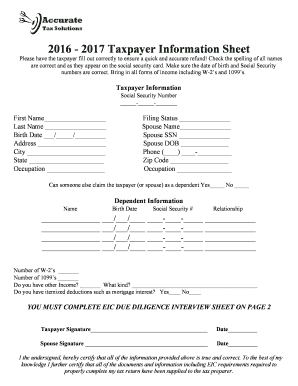 Fillable Online accuratetaxsolutions 2016 - 2017 Taxpayer Information ...