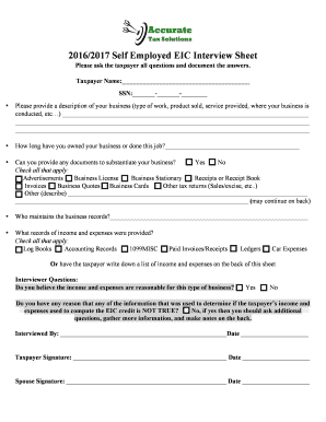 Fillable Online 2016/2017 Self Employed EIC Interview Sheet - Accurate ...