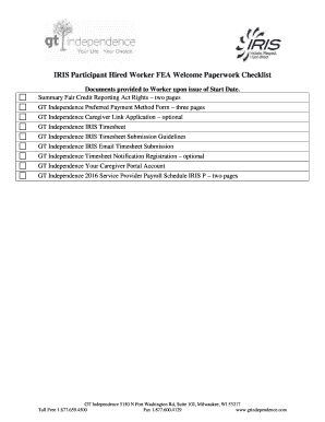 Fillable Online IRIS Participant Hired Worker FEA Welcome Paperwork ...