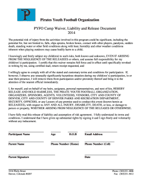 Fillable Online Pirates Youth Football Organization PYFO Camp Waiver ...