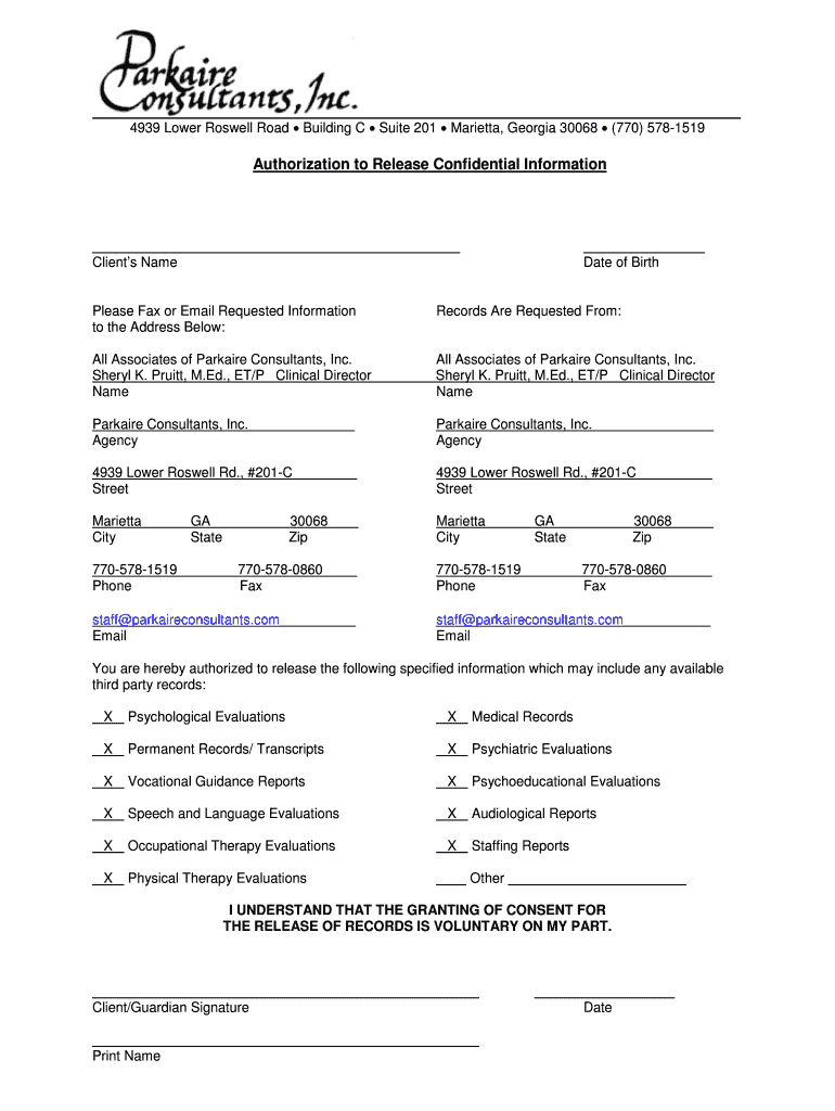 Fillable Online authorization to release confidential information - Parkaire Consultants Fax ...