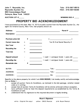 Fillable Online PROPERTY BID ACKNOWLEDGMENT Fax Email Print - pdfFiller