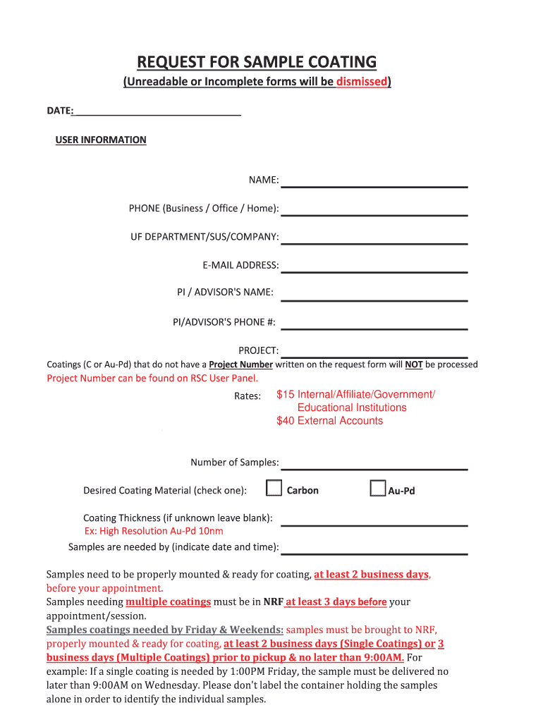 Fillable Online REQUEST FOR SAMPLE COATING - University of Florida Fax ...