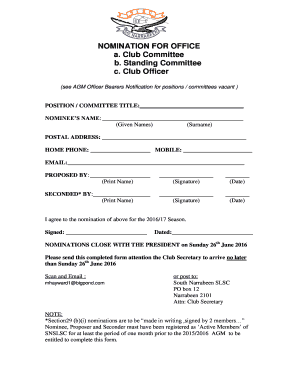 Fillable Online NOMINATION FOR OFFICE a. Club Committee b. Standing ...