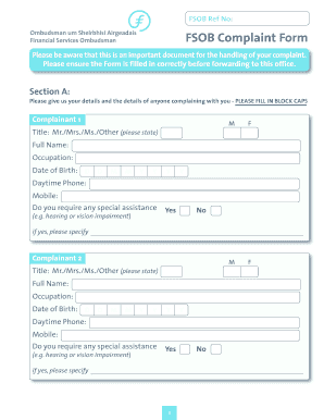 Fillable Online FSOB Complaint Form - Financial Services Ombudsman Fax ...