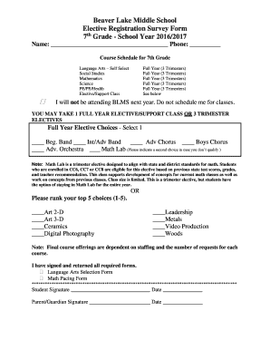 Fillable Online Beaver Lake Middle School Elective Registration Survey ...