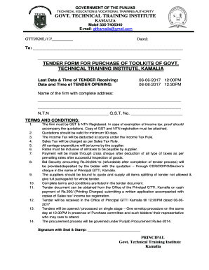 Fillable Online tender form for purchase of toolkits of govt. technical training institute ...