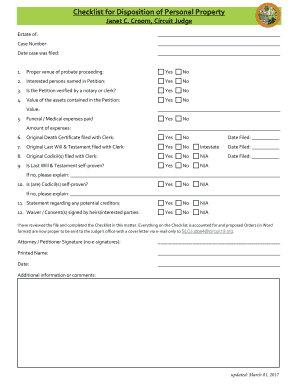 Fillable Online Checklist for Disposition of Personal Property Fax ...