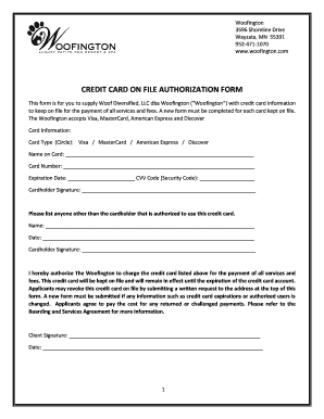 Fillable Online credit card on file authorization form - Woofington Fax Email Print - pdfFiller