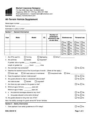 Fillable Online All-Terrain Vehicle Supplement - Markel Insurance Fax ...