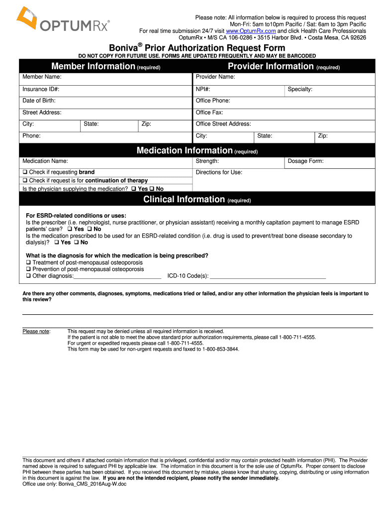 Fillable Online Boniva - Health Care Professionals Portal - OptumRx Fax ...