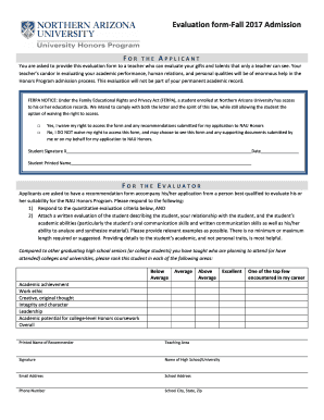Fillable Online nau Evaluation form-Fall 2017 Admission - Northern ...