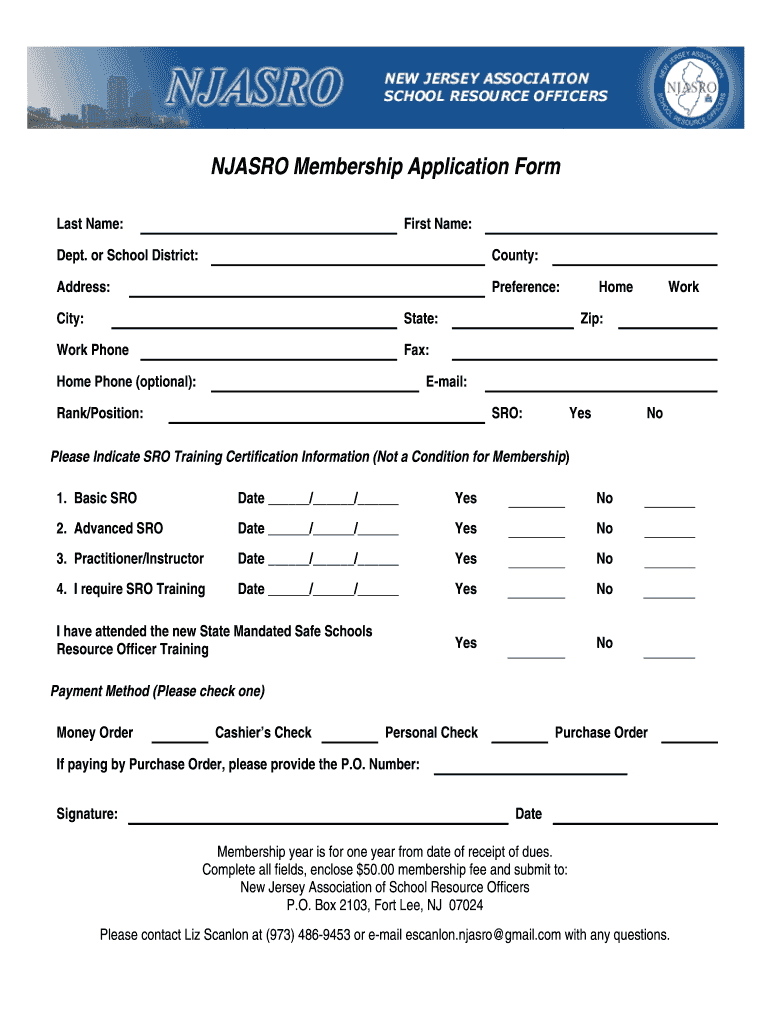 Fillable Online NJASRO Membership Application Form Fax Email Print ...