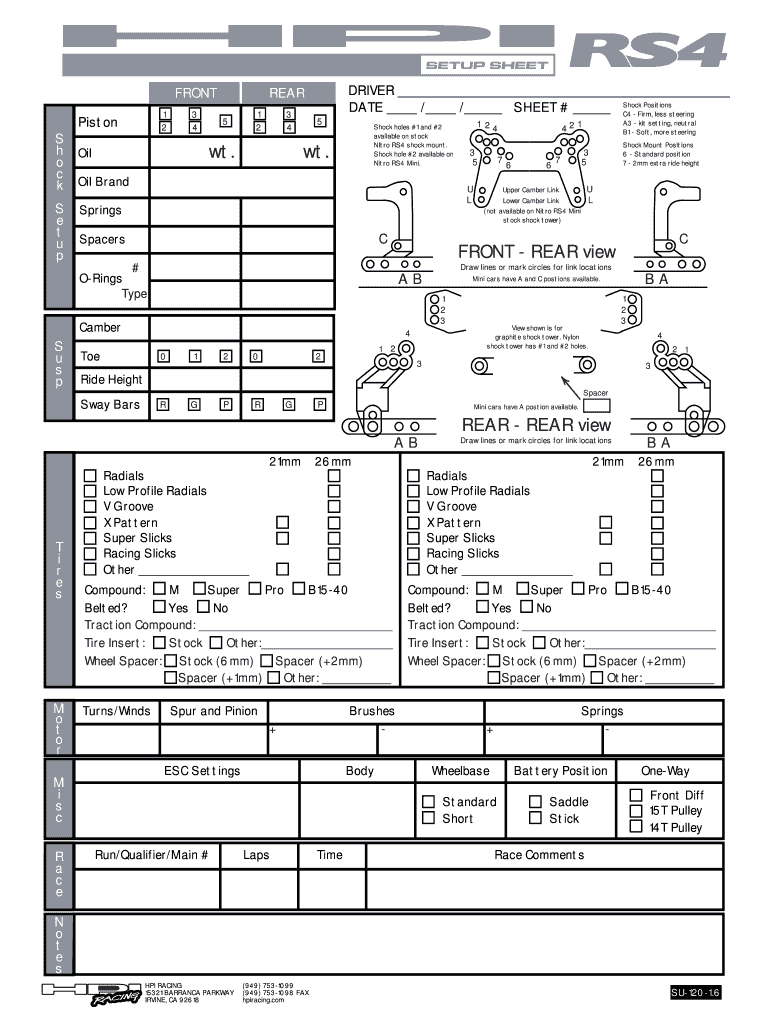 Fillable Online HPI RS4 Mini/Mini Pro Blank Setup Sheet Fax Email Print - pdfFiller