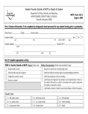 Fillable Online Student Transfer Outside of MCPS or Death of Student ...