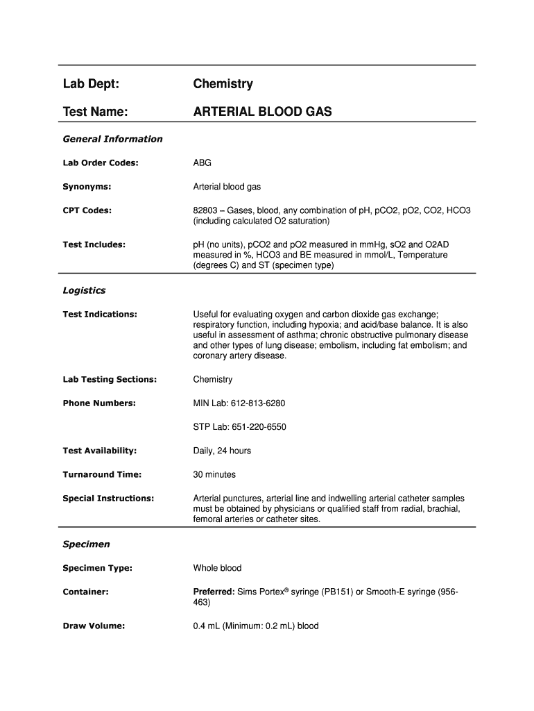 Fillable Online ARTERIAL BLOOD GAS Fax Email Print - pdfFiller