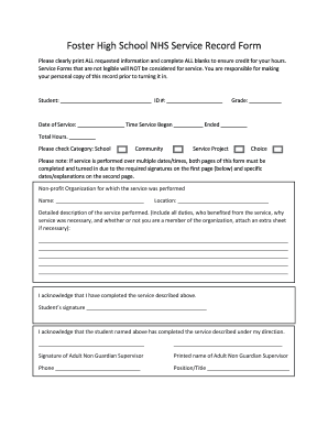 Fillable Online Foster High School NHS Service Record Form Fax Email ...