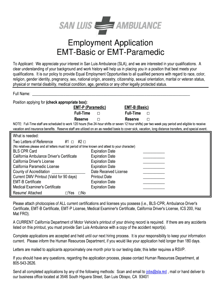 Fillable Online Employment Application EMT-Basic or ... - San Luis ...
