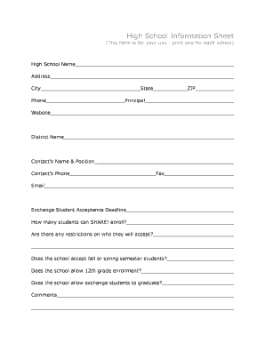 Fillable Online High School Information Sheet Fax Email Print - pdfFiller