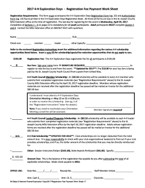 Fillable Online 2017 4-H Exploration Days - Registration Fee Payment ...